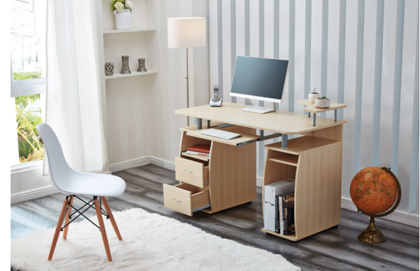 Beech Computer Desk With Shelves and 2 Drawers for Home Office PC ...
